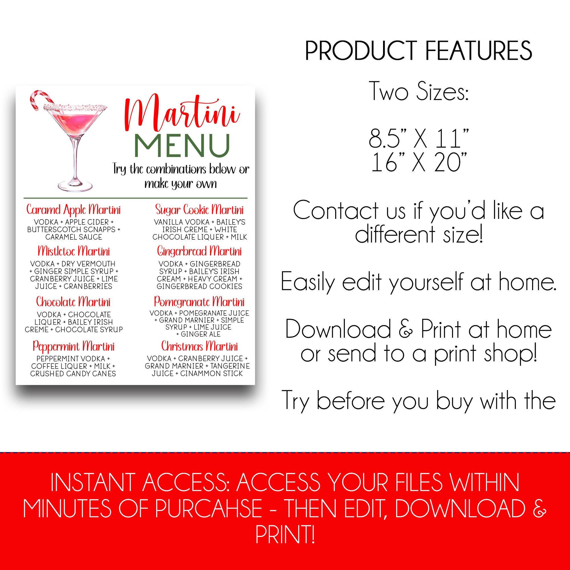 EDITABLE Christmas Martini Menu Christmas Cocktail Party Menu Holiday ...