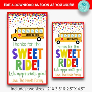 EDITABLE Thanks for the Sweet Ride Bus Driver Appreciation Gift Tags ...