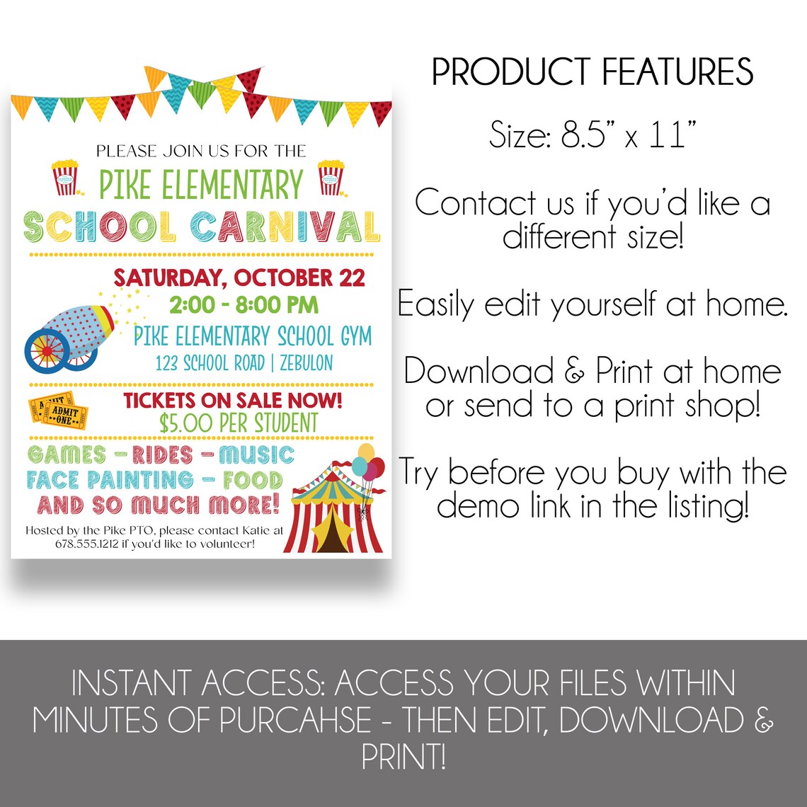 EDITABLE School Carnival Flyer | PTO Fundraiser Flyer | Printable ...