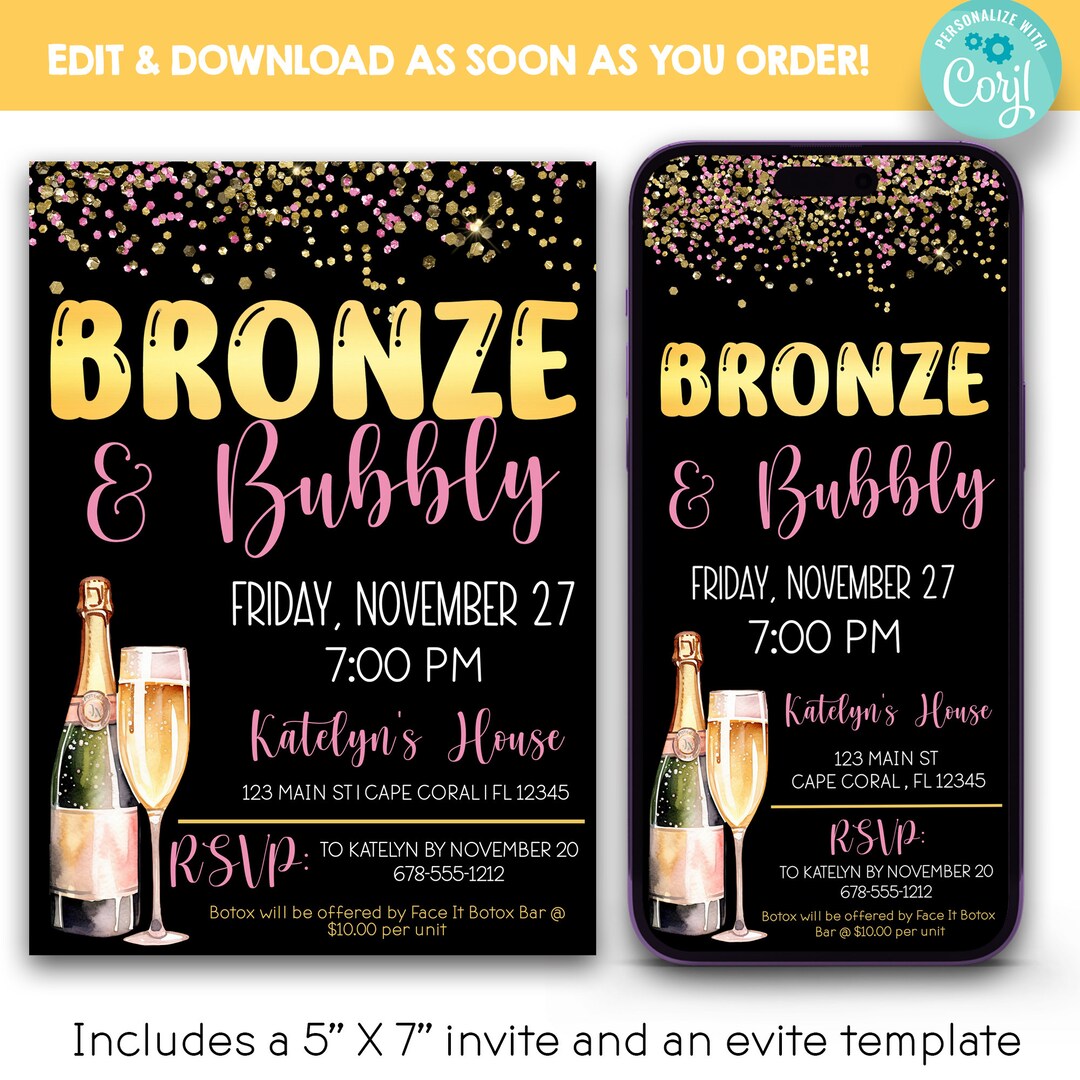 EDITABLE Spray Tan Party Invitation | Bronze & Bubbly Invite | Girls ...