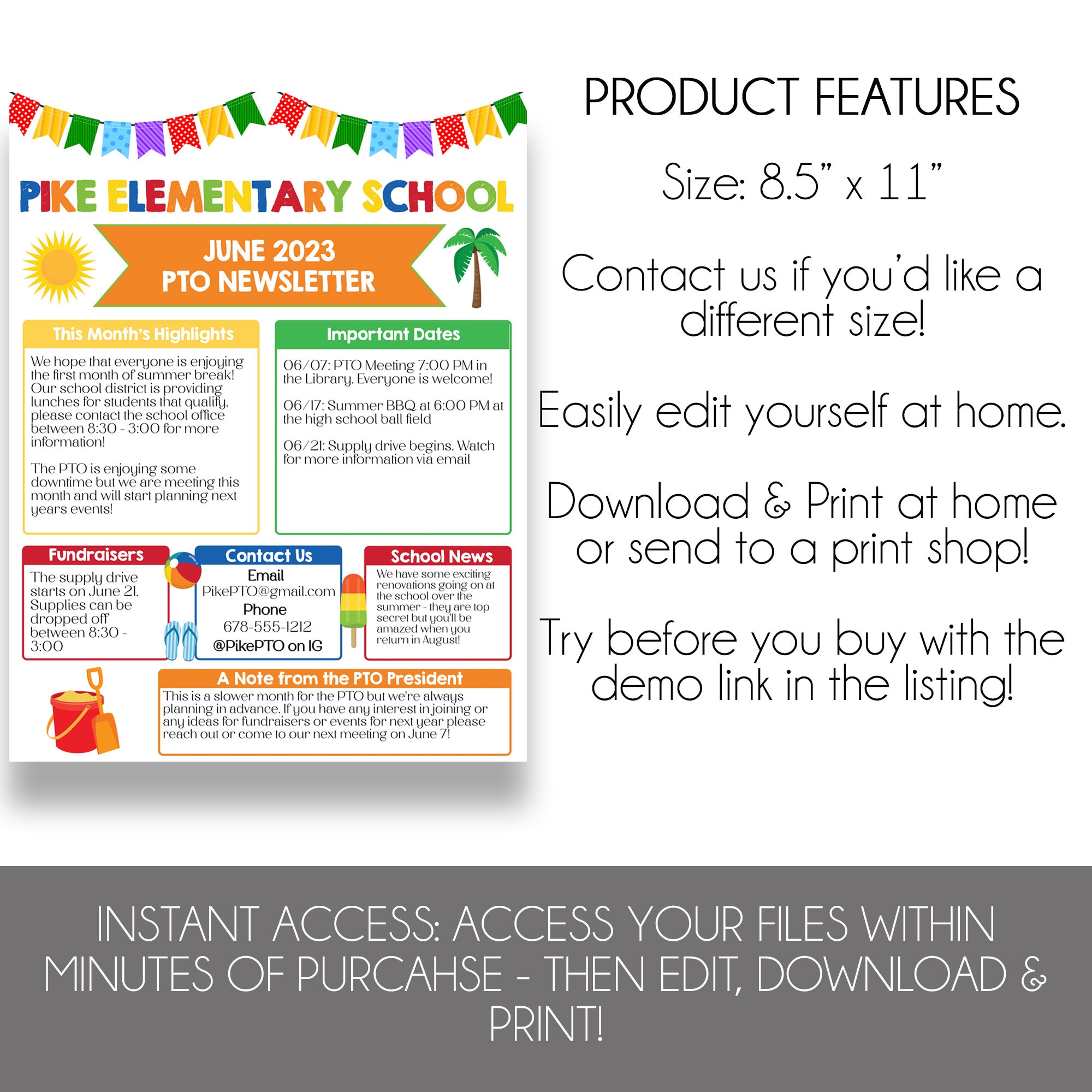EDITABLE PTO School Newsletter June PTA Newsletter Template Printable ...