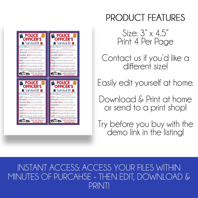 EDITABLE Police Survival Kit Tag | Police Officer Gift Idea | Police ...