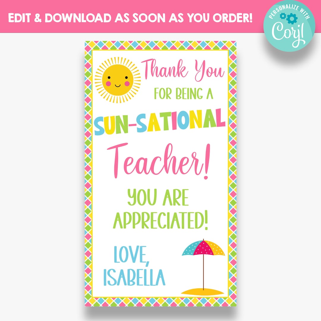 EDITABLE Thank You for Being a Sun-sational Teacher Rectangle Gift Tags ...