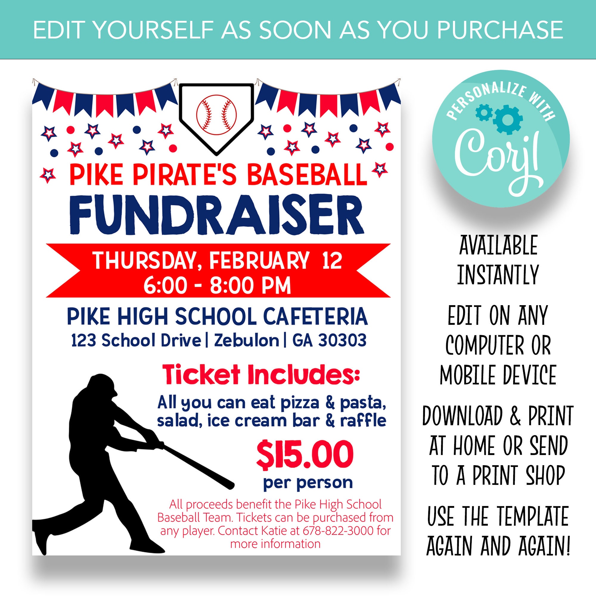 EDITABLE Baseball Fundraisier Flyer | Baseball Fundraising Dinner Flyer ...