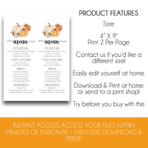 EDITABLE Thanksgiving Menu Template | Fall Themed Dinner Party Menu ...