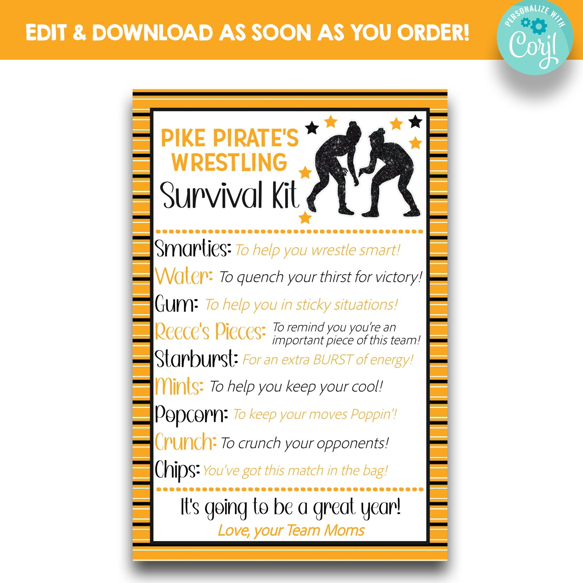 EDITABLE Female Wrestling Survival Kit Gift Tag | Wrestler's Survival ...