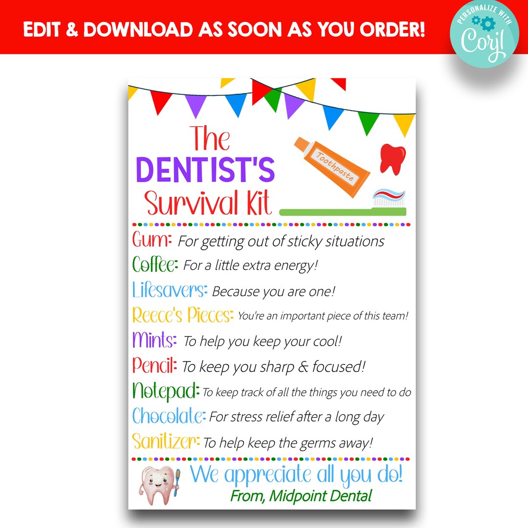 EDITABLE Dentist's Survival Kit Gift Tags | Dentist Appreciation Day ...