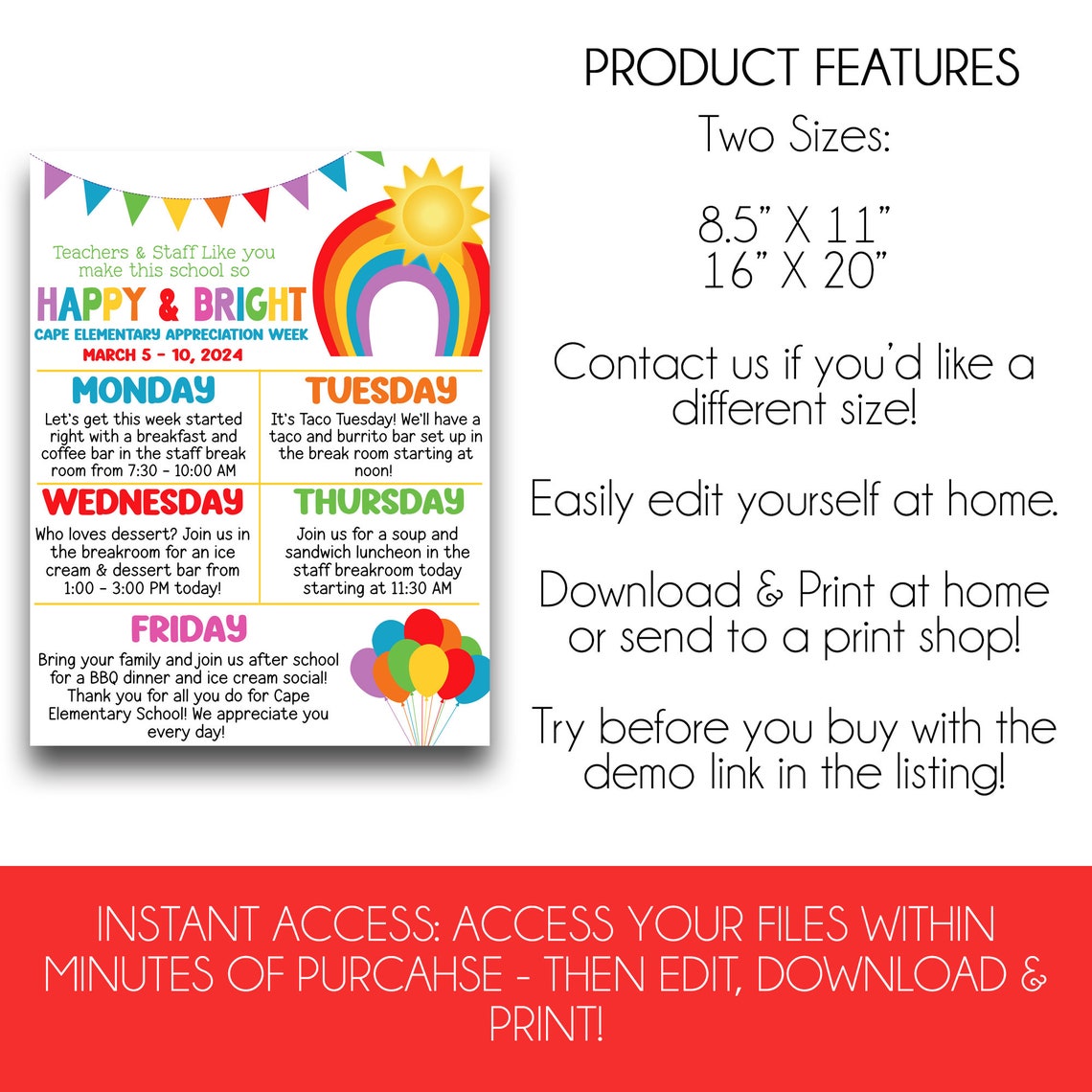 EDITABLE Rainbow Teacher Appreciation Week Itinerary | Happy & Bright ...