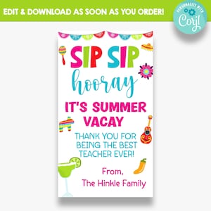 EDITABLE Sip Sip Hooray It's Summer Vacay Rectangle Margarita Gift Tags ...