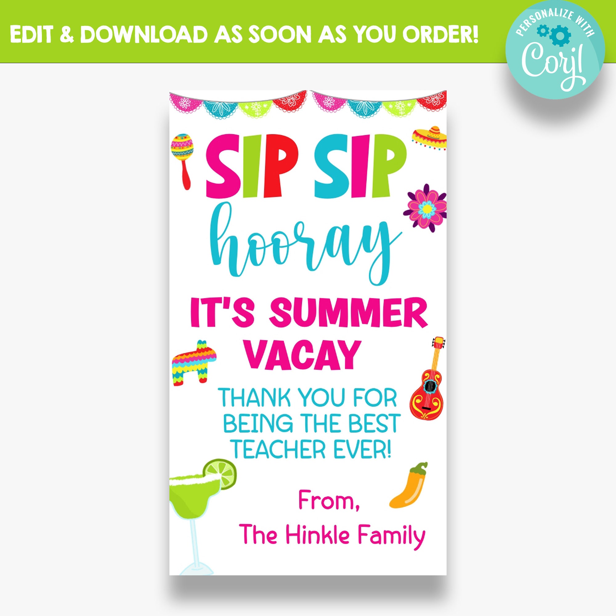EDITABLE Sip Sip Hooray It's Summer Vacay Rectangle Margarita Gift Tags ...