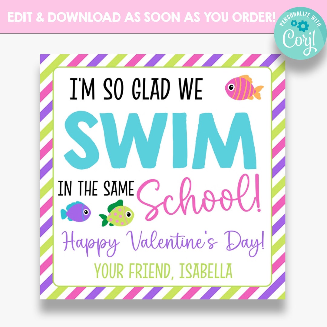 EDITABLE so Glad We Swim in the Same School Valentine's Favor Tag ...
