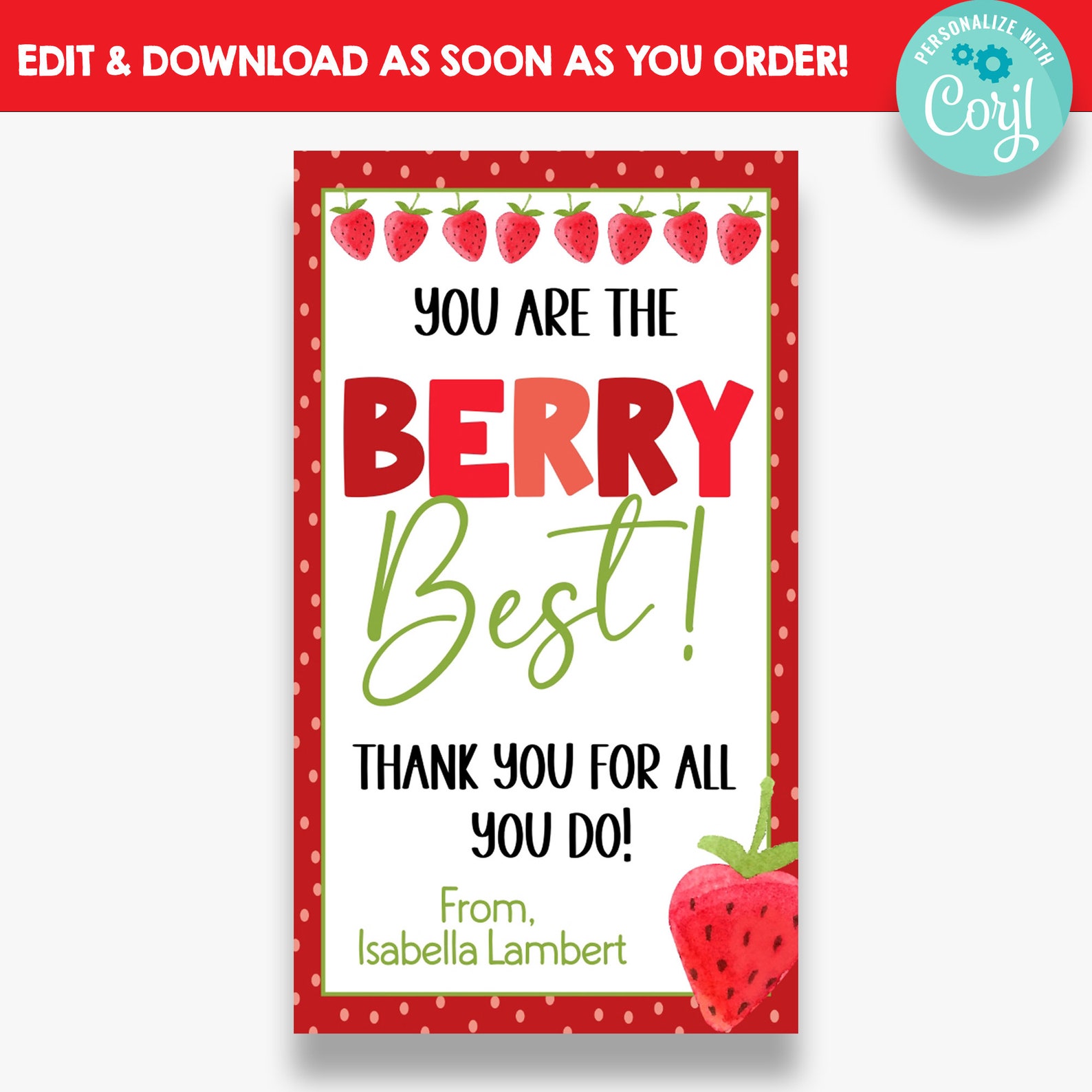 EDITABLE You Are the Berry Best Appreciation Gift Tag - Etsy