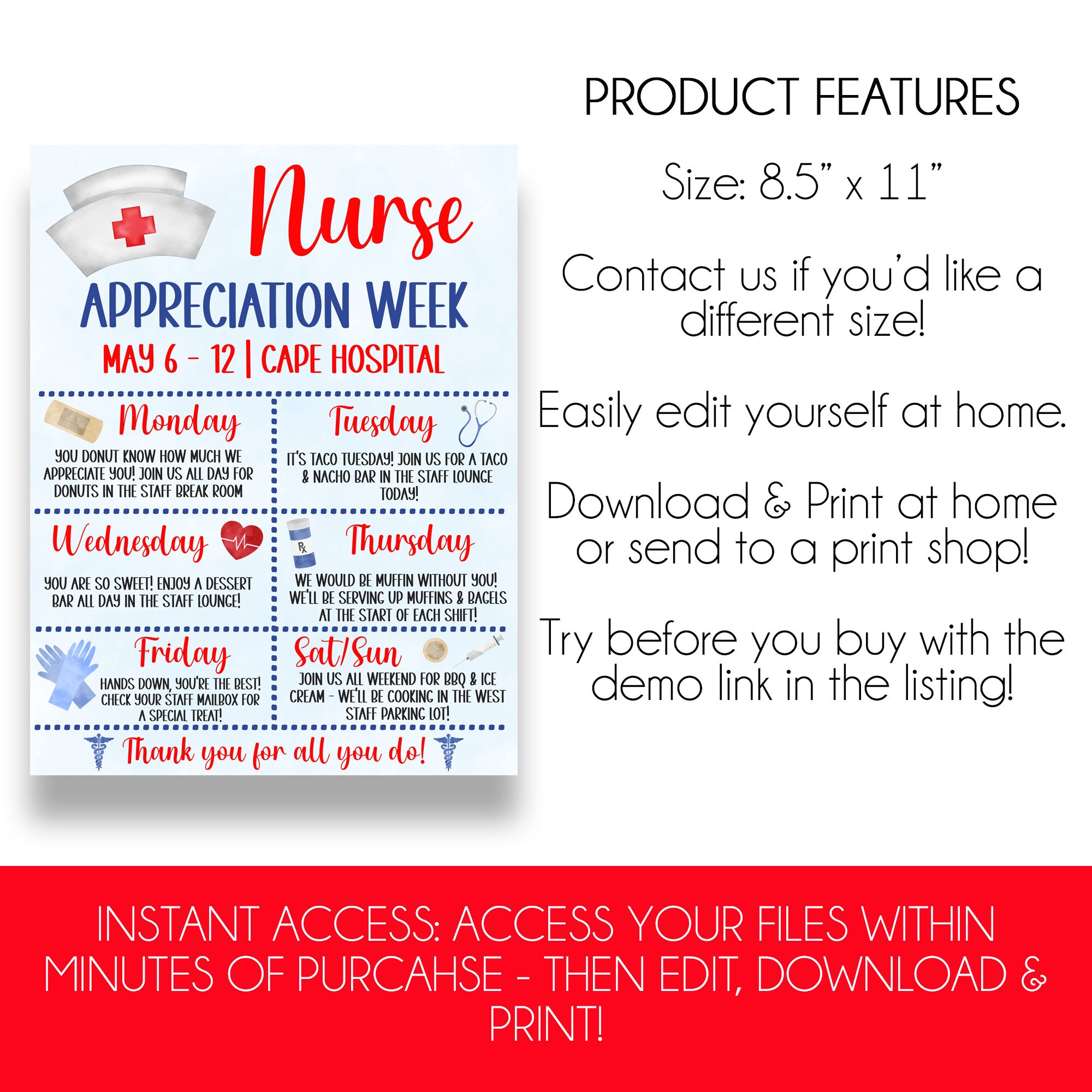 EDITABLE Nurse Appreciation Week Itinerary Flyer | Nurse's Week Event ...