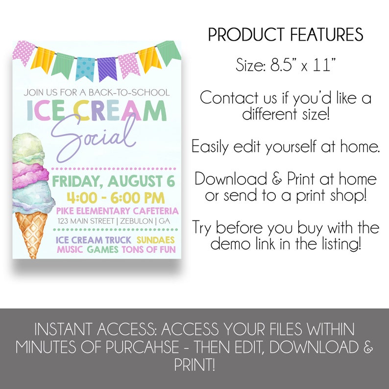 EDITABLE Ice Cream Social Flyer Back to School Ice Cream - Etsy UK