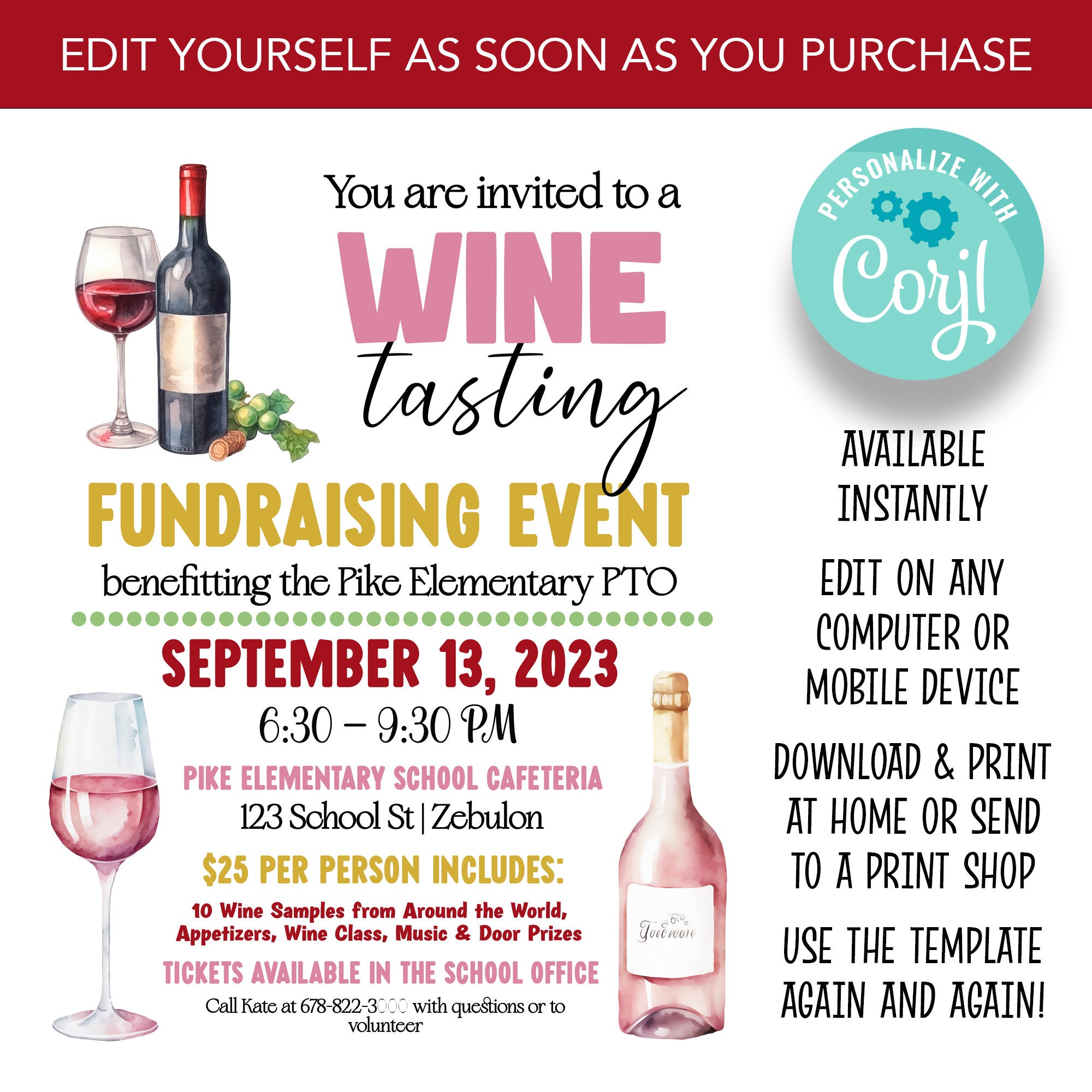 EDITABLE Wine Tasting Fundraiser Flyer With Tickets | PTO Fundraising ...