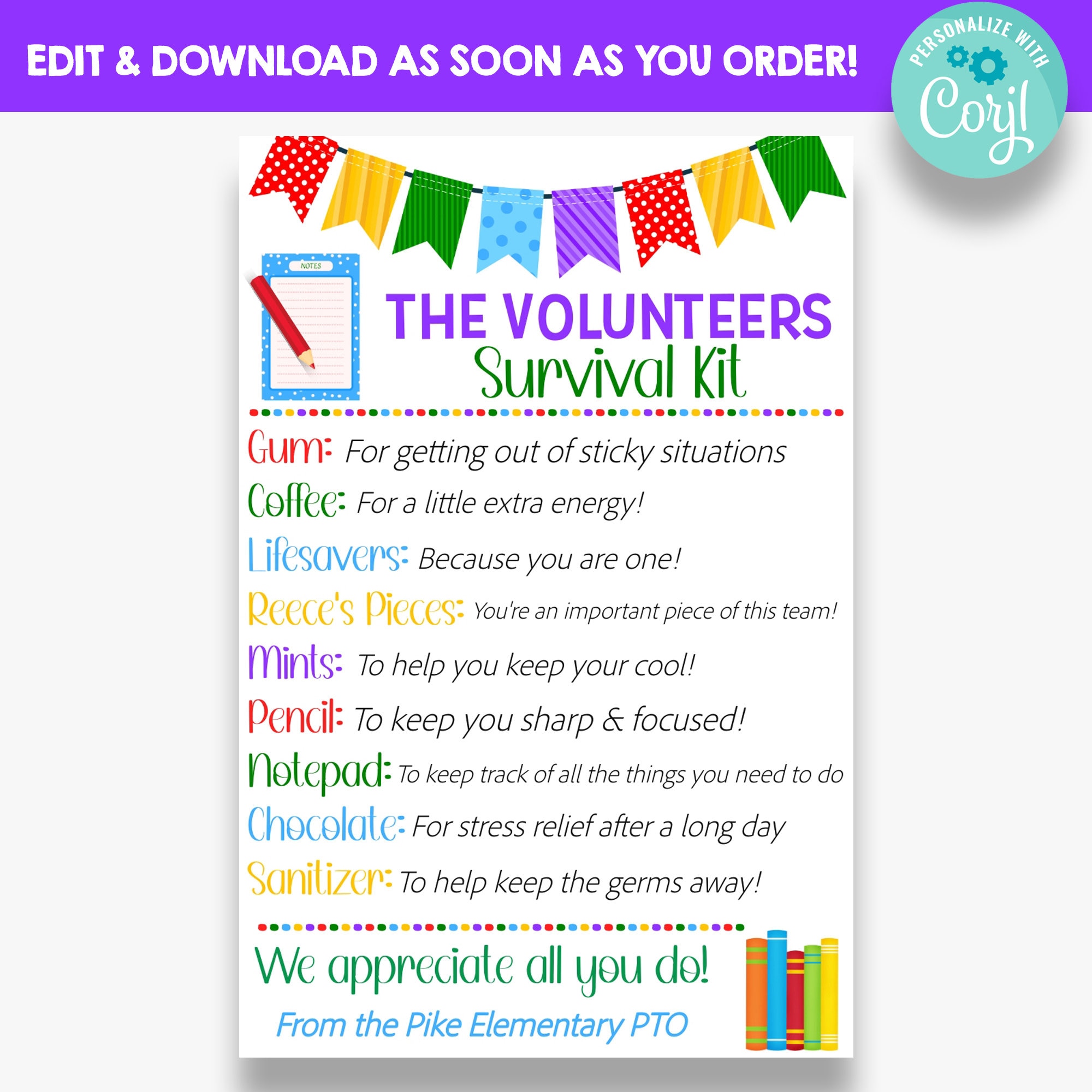 EDITABLE Volunteers Survival Kit Tag Back to School - Etsy