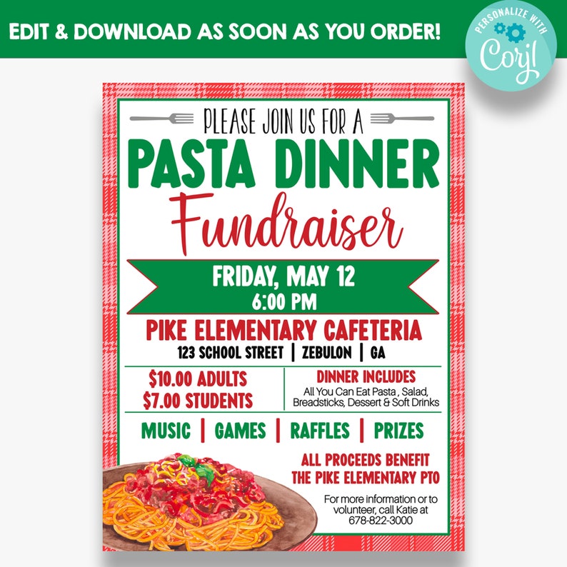 EDITABLE Pasta Dinner Fundraiser Flyer With Bonus Tickets - Etsy