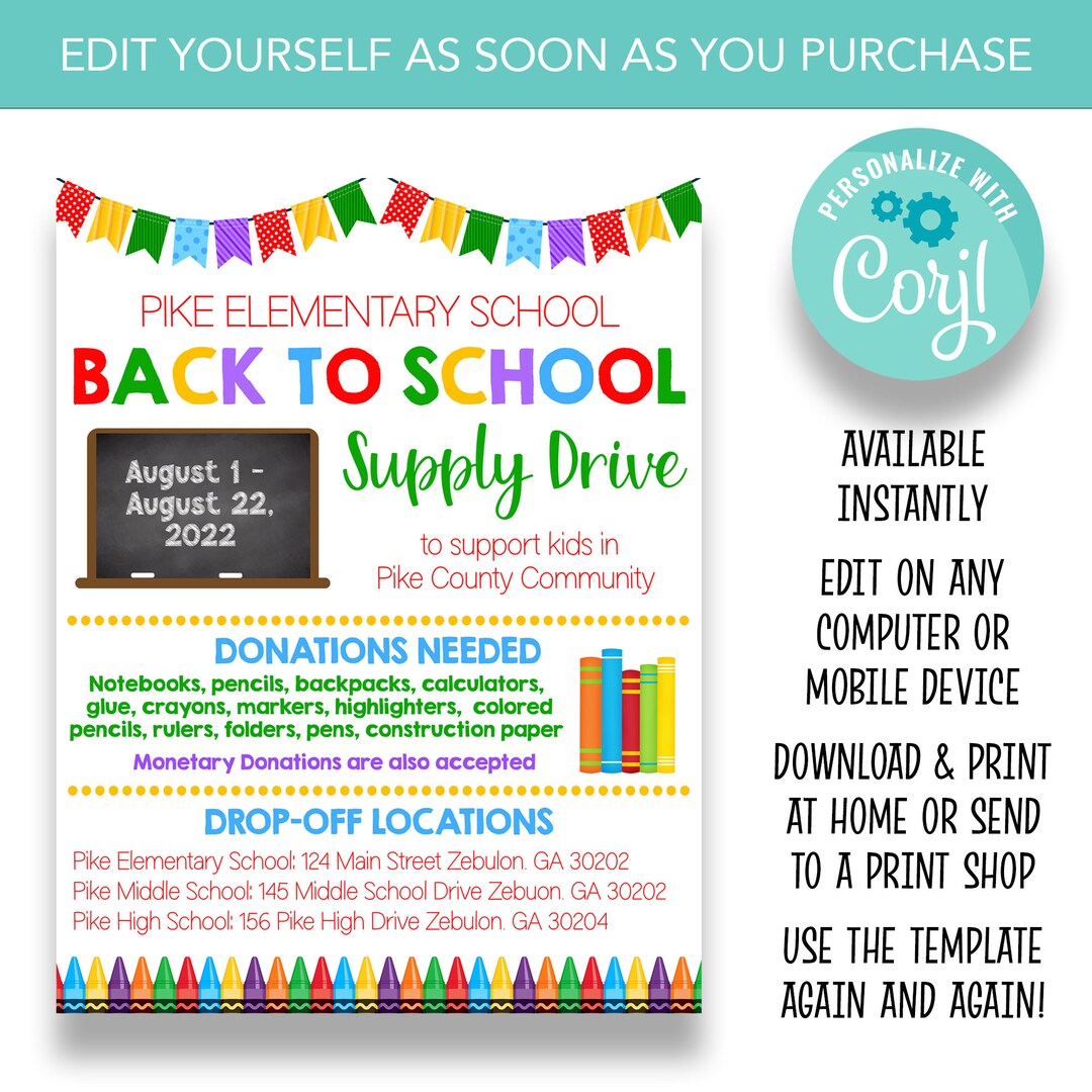 EDITABLE Back to School Supply Drive | Printable School Supply Drive ...