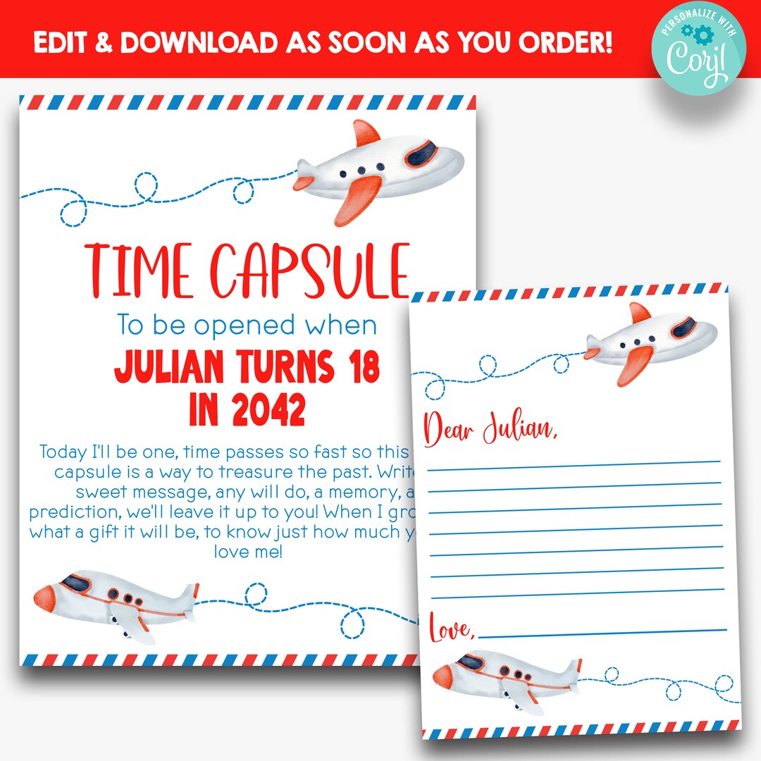 EDITABLE Airplane Birthday Time Capsule Sign and Letter Template Time ...