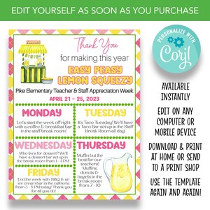 EDITABLE Lemonade Themed Teacher Appreciation Week Itinerary | Teacher ...