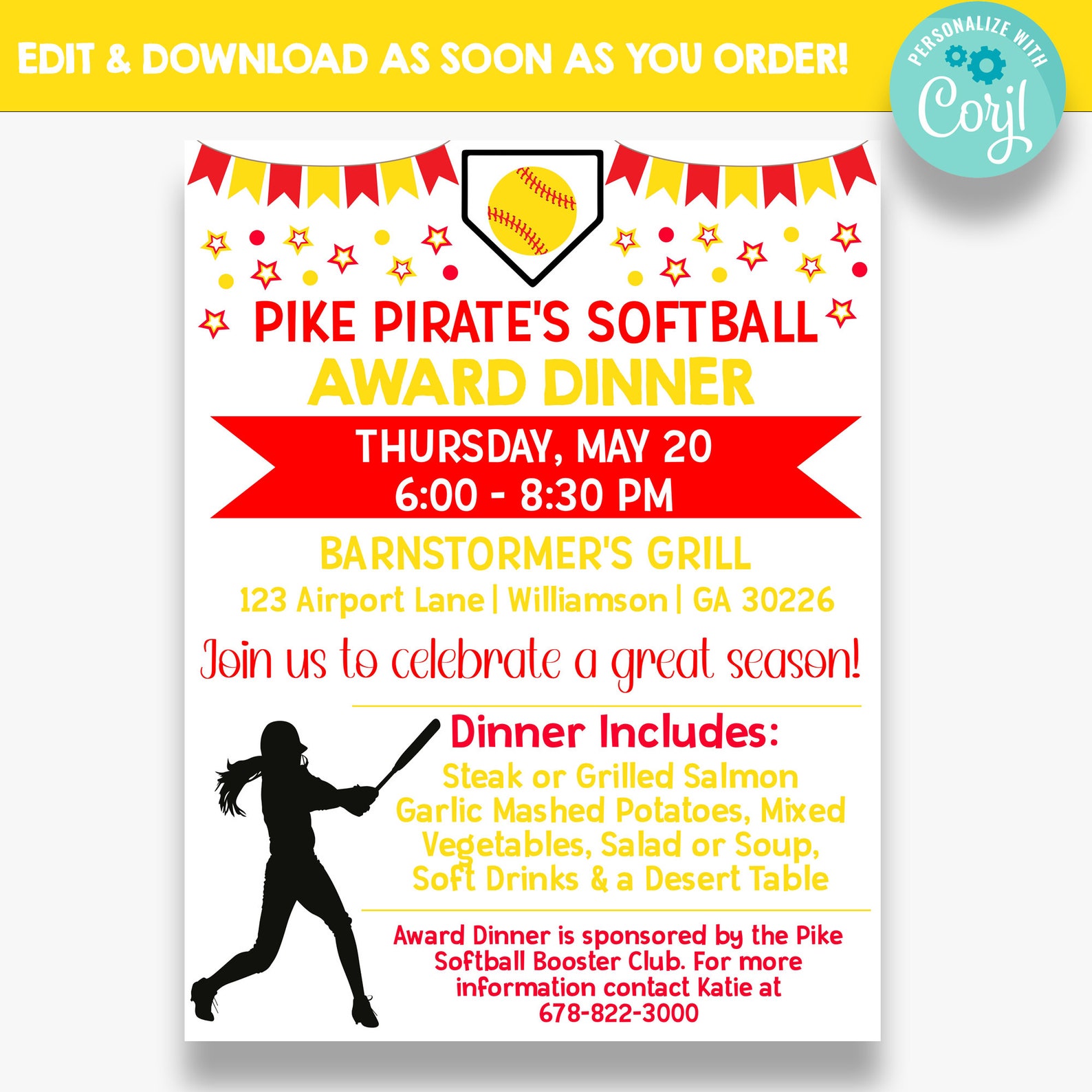 EDITABLE Softball Awards Dinner Flyer | Award Dinner Invitation ...