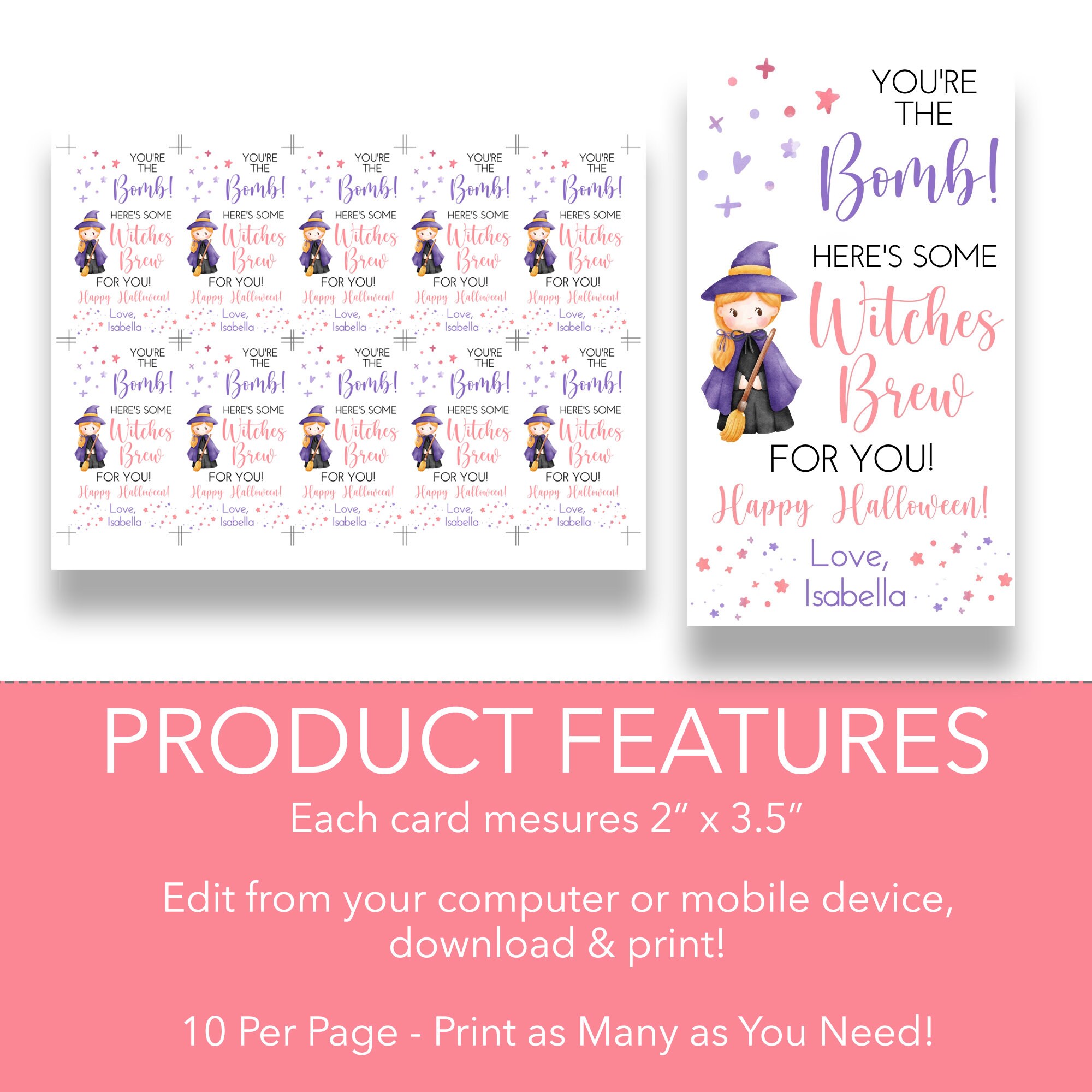 Editable Pink You're the Bomb Witches Brew Halloween Tags | Kid's Witch ...