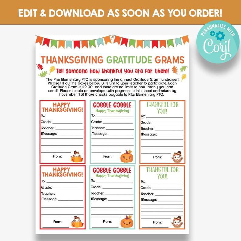 EDITABLE Thanksgiving Gratitude Gram Flyer | Candy Gram Fundraiser ...
