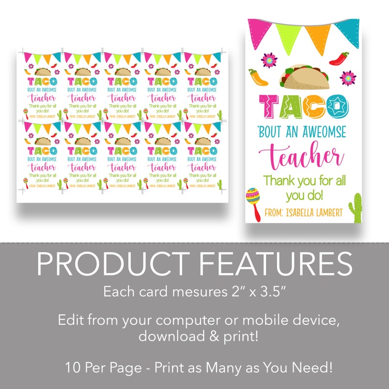EDITABLE Taco 'bout an Awesome Teacher Thank You Tags - Etsy
