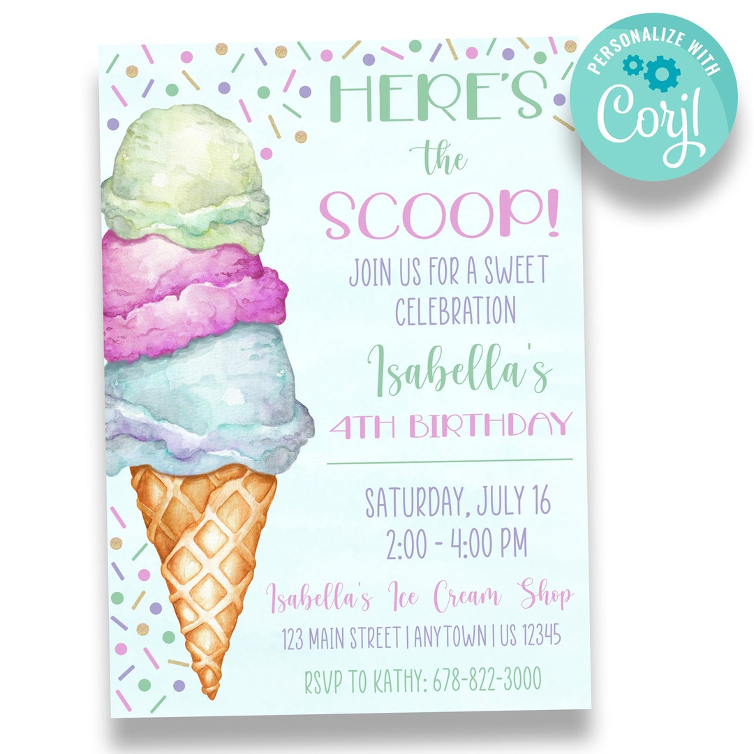 Editable Here's the Scoop Ice Cream Birthday Invitation | Kid's Ice ...