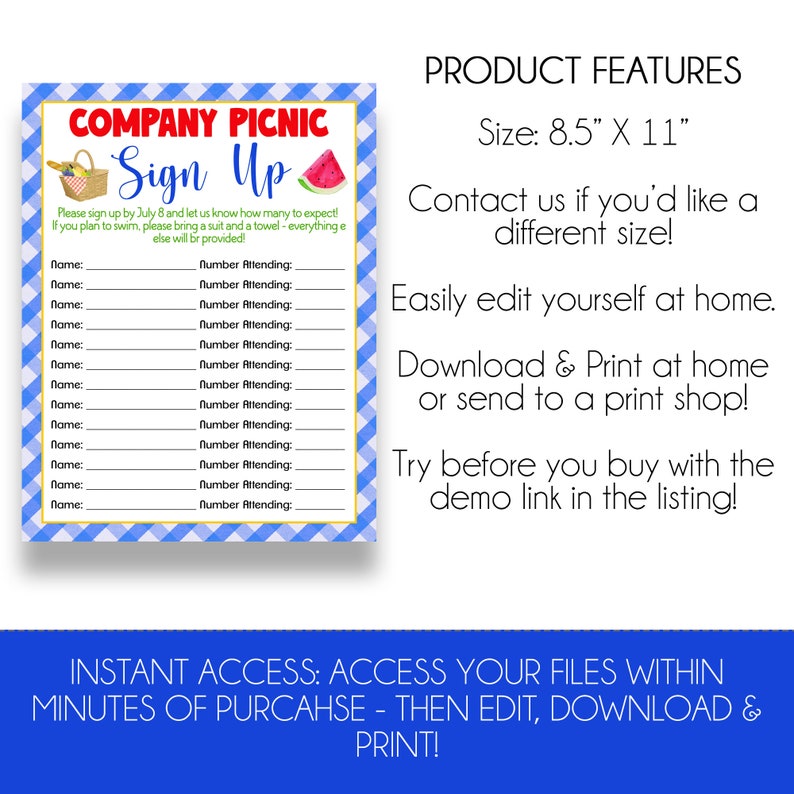 EDITABLE Company Picnic Flyer With Bonus Sign up Sheet | Summer Company ...