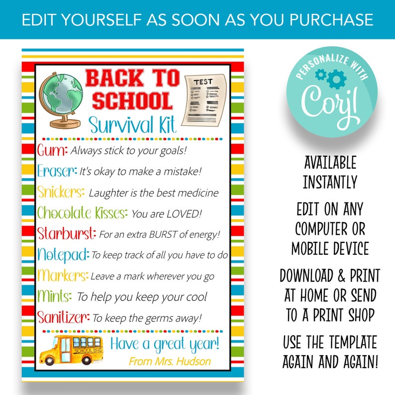 EDITABLE Back to School Survival Kit Gift Tags | Back to School Treat ...