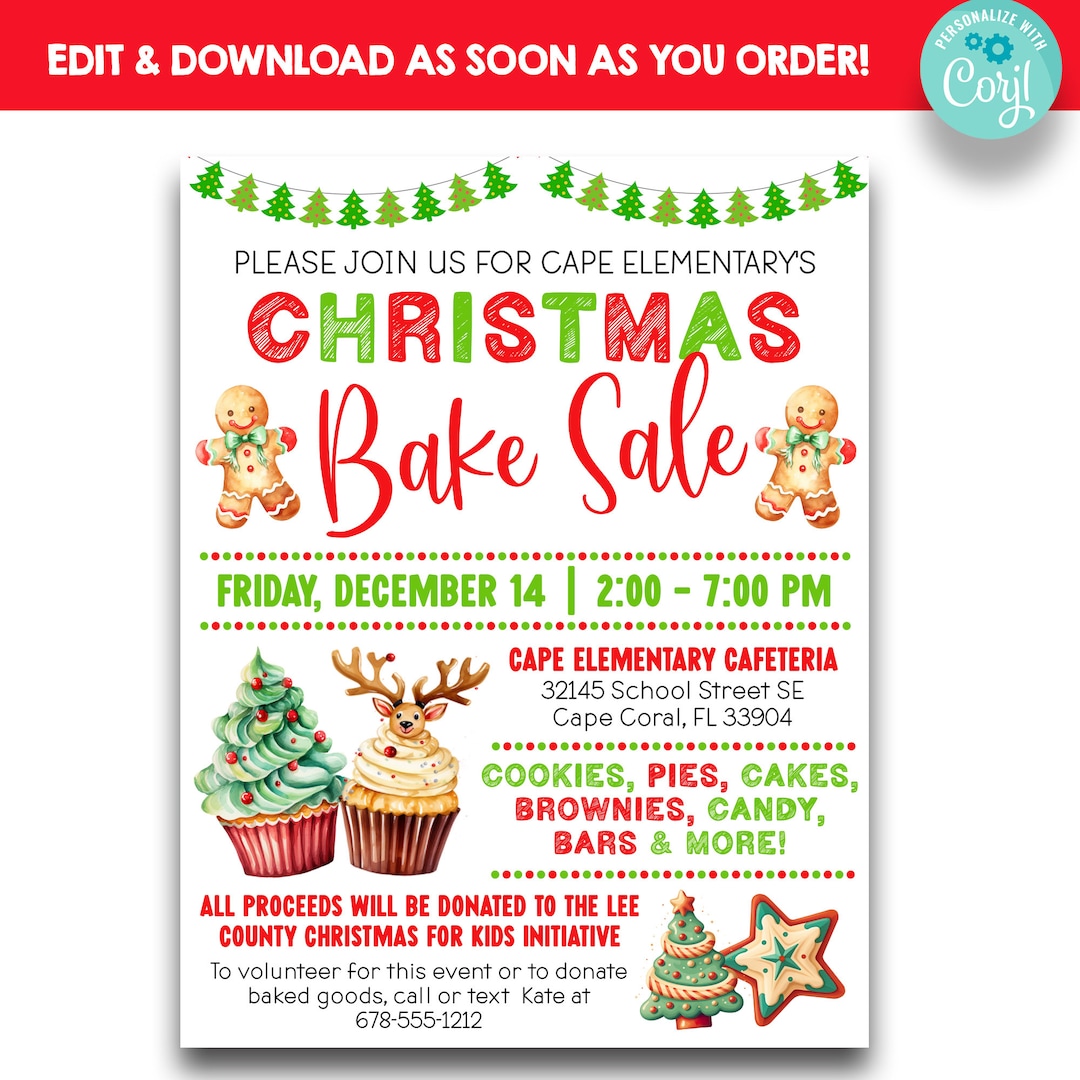 EDITABLE Christmas Bake Sale Flyer Holiday Bake Sale Fundraiser ...