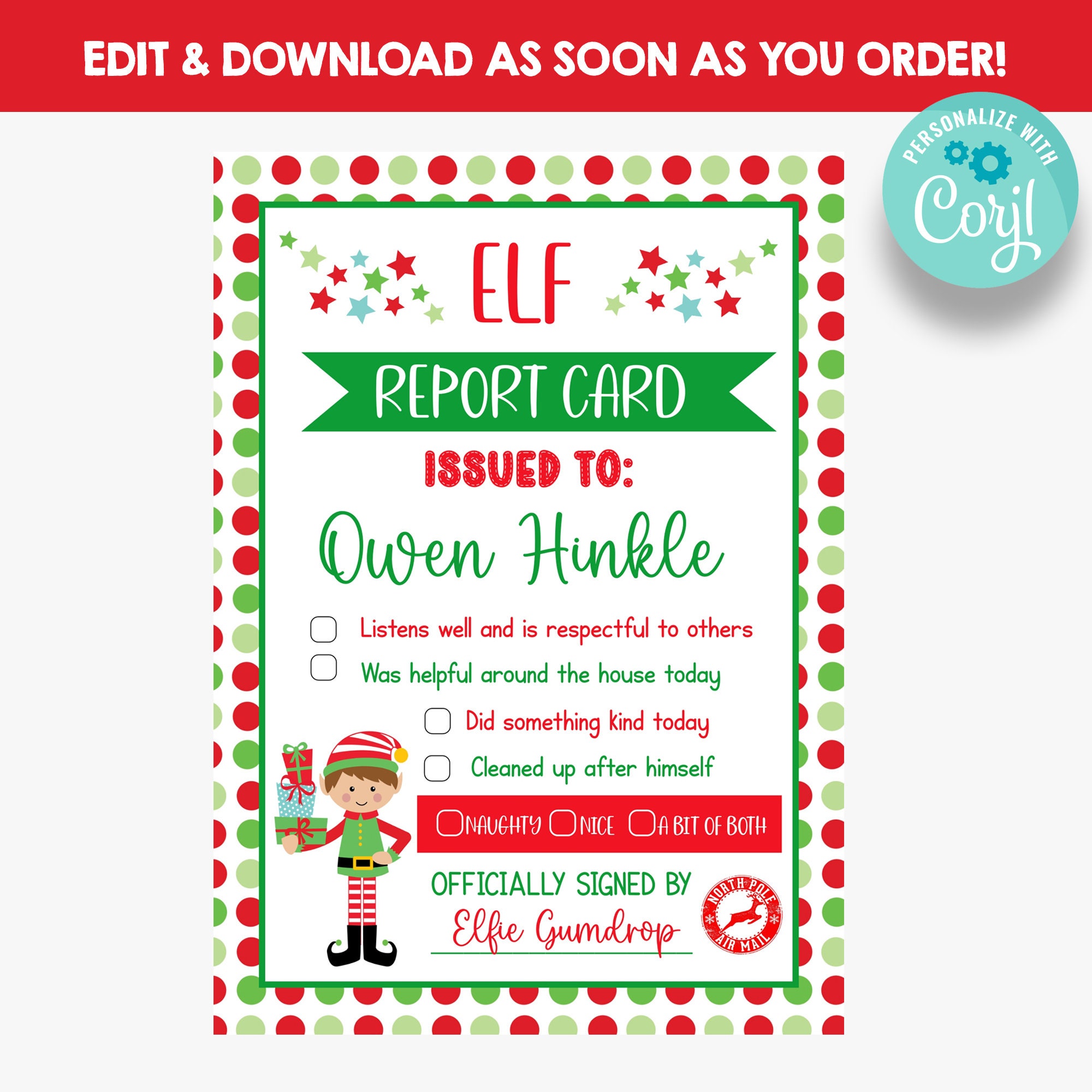 EDITABLE Boy Elf Report Card Printable Elf Report Card - Etsy Canada