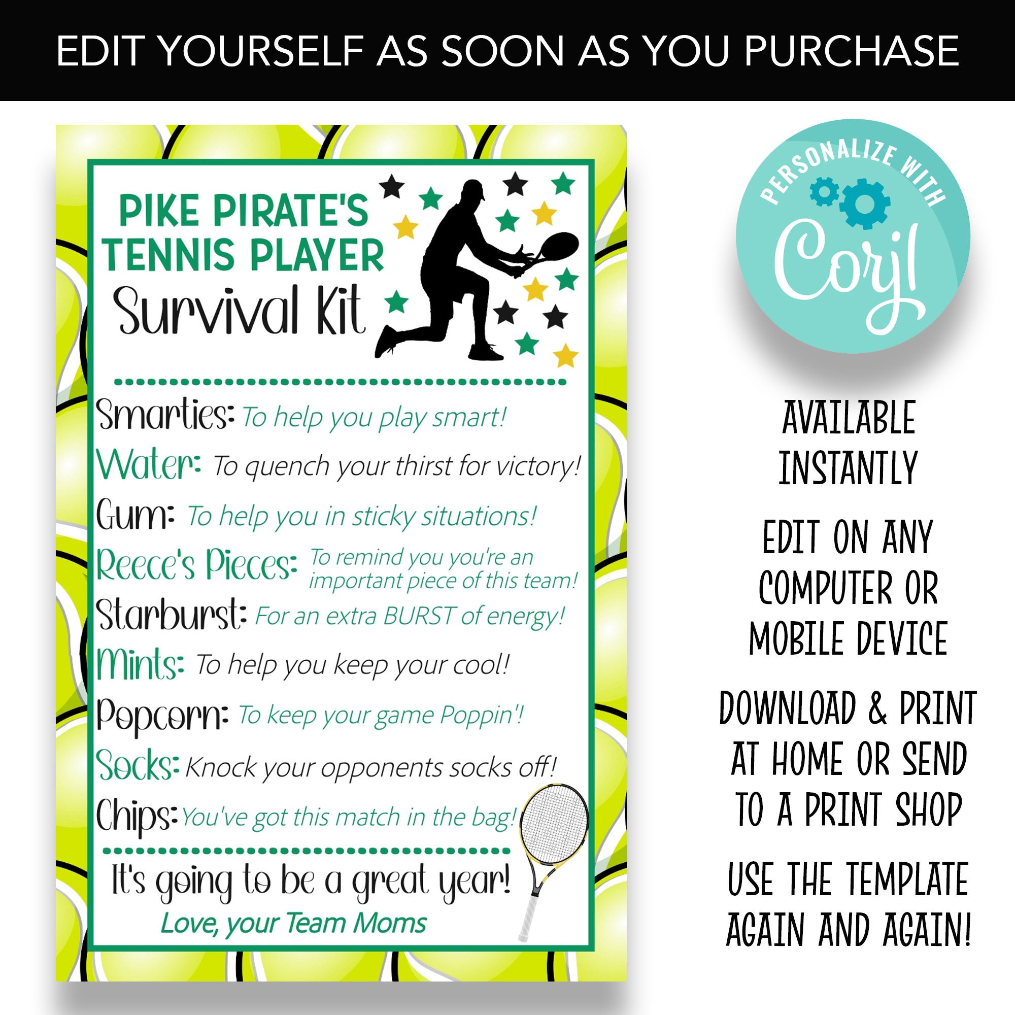 EDITABLE Tennis Survival Kit Tag | Tennis Team Gift Idea | School ...