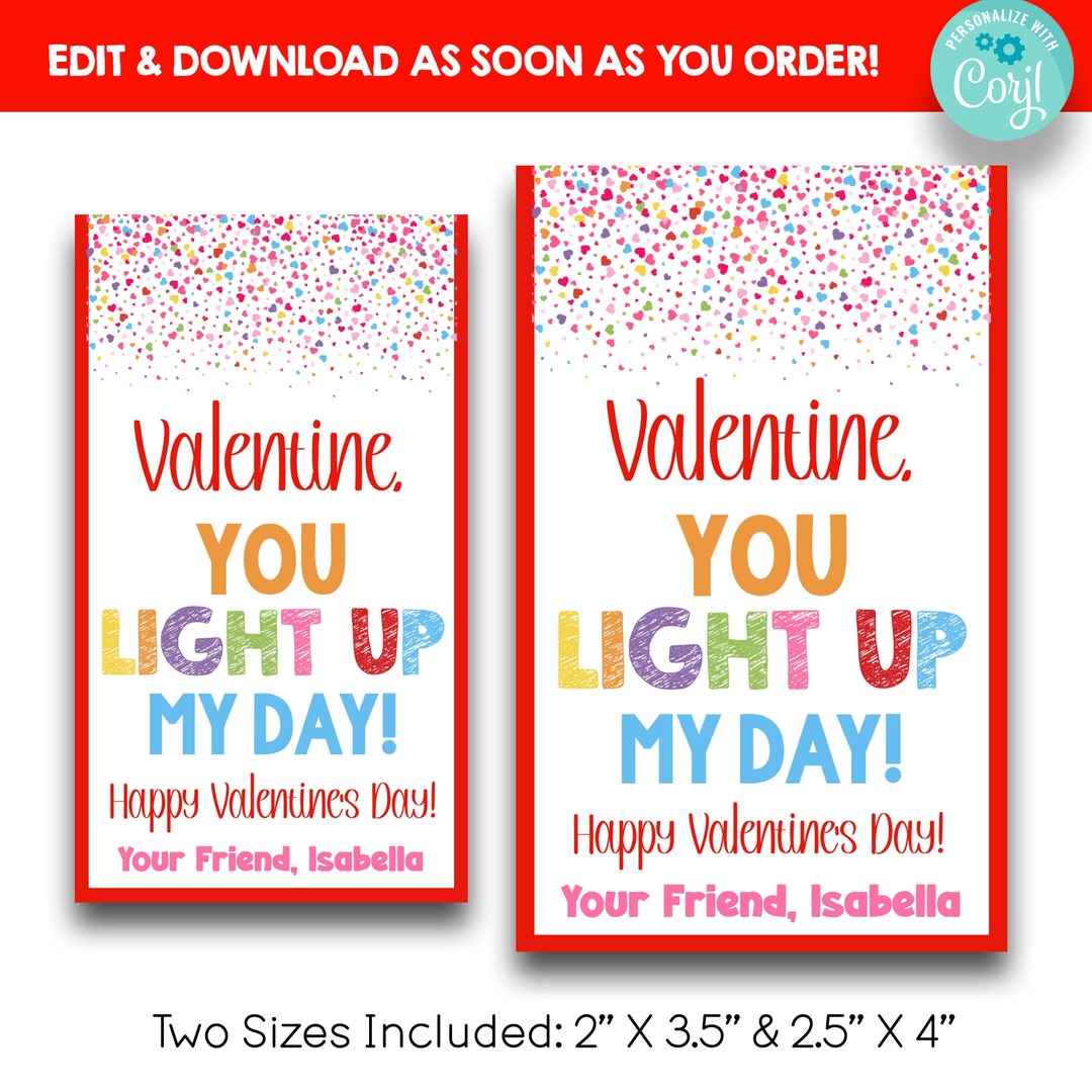 EDITABLE You Light up My Day Valentine's Treat Tags | Glow Stick ...