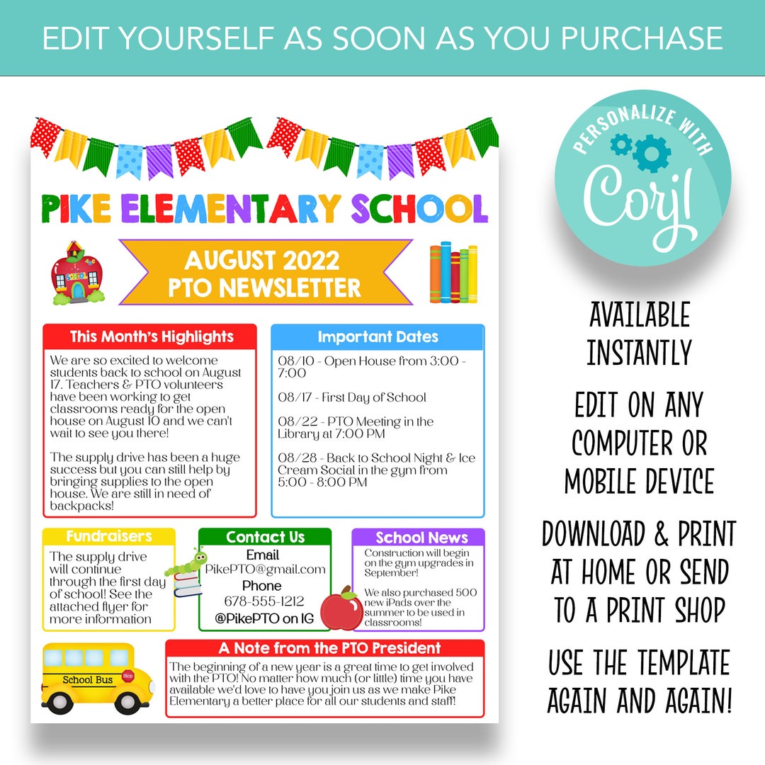 EDITABLE PTO School Newsletter | August PTA Newsletter Template ...