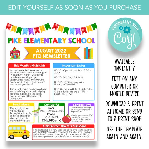 EDITABLE PTO School Newsletter August PTA Newsletter - Etsy