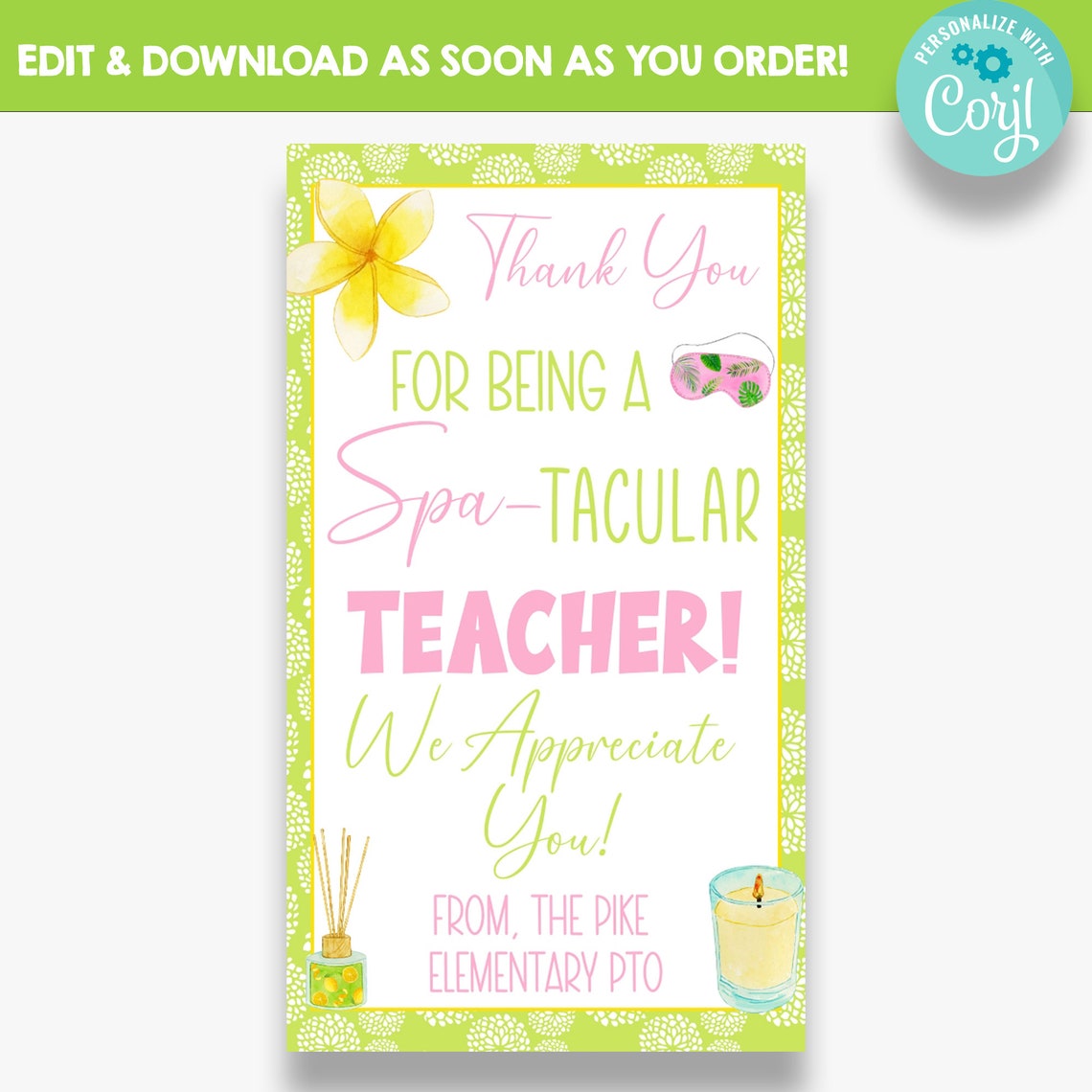 EDITABLE Thank You for Being a Spa-tacular Teacher Rectangle - Etsy