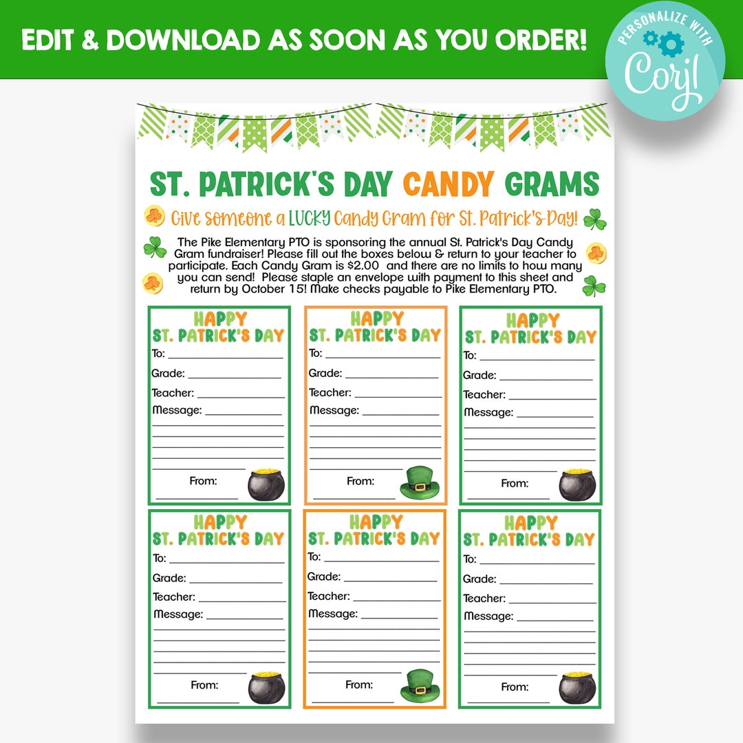 EDITABLE St. Patrick's Day Candy Gram Flyer | St. Patrick's Day School ...