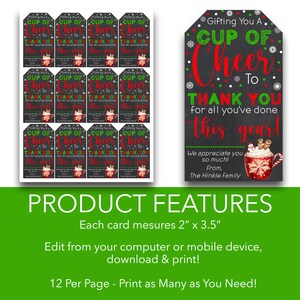 EDITABLE Coffee Christmas Gift Tag | Cup of Cheer Holiday Appreciation ...