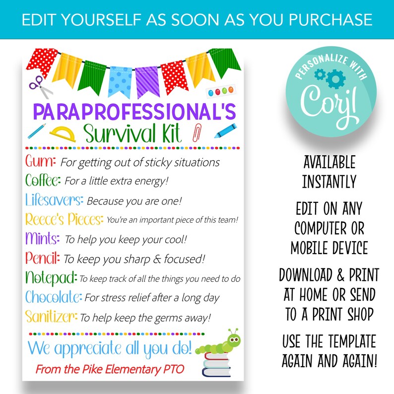 EDITABLE Paraprofessional's Survival Kit Tag Back to - Etsy