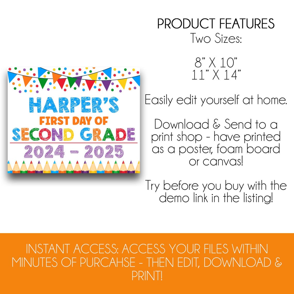 Editable Bright First Day of Second Grade First Day of School Sign ...