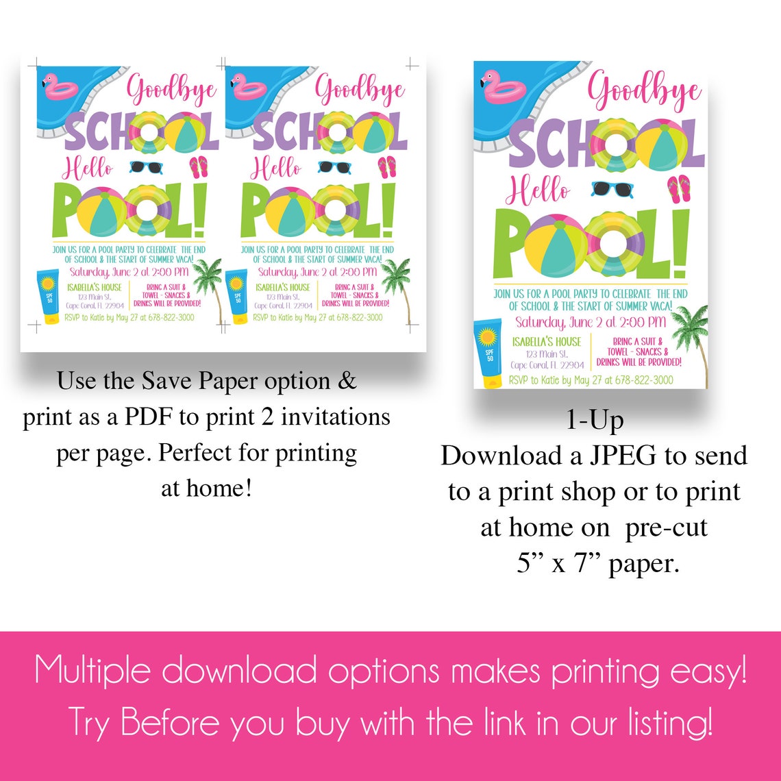 EDITABLE Goodbye School Hello Pool Party Invitations | End of School ...