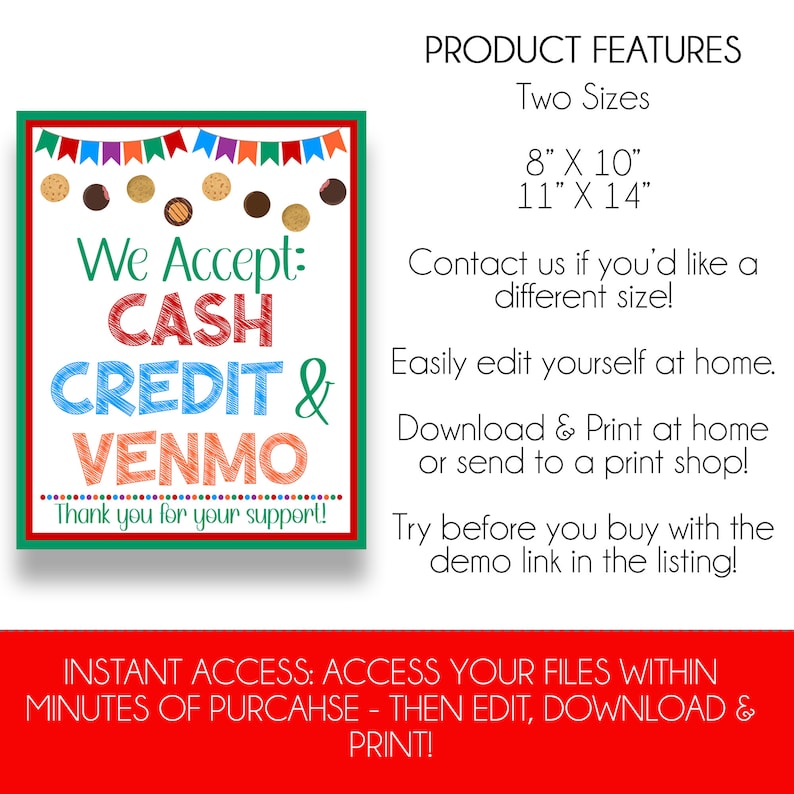 EDITABLE Payment Types Sign We Accept Cash Credit Venmo Sign - Etsy