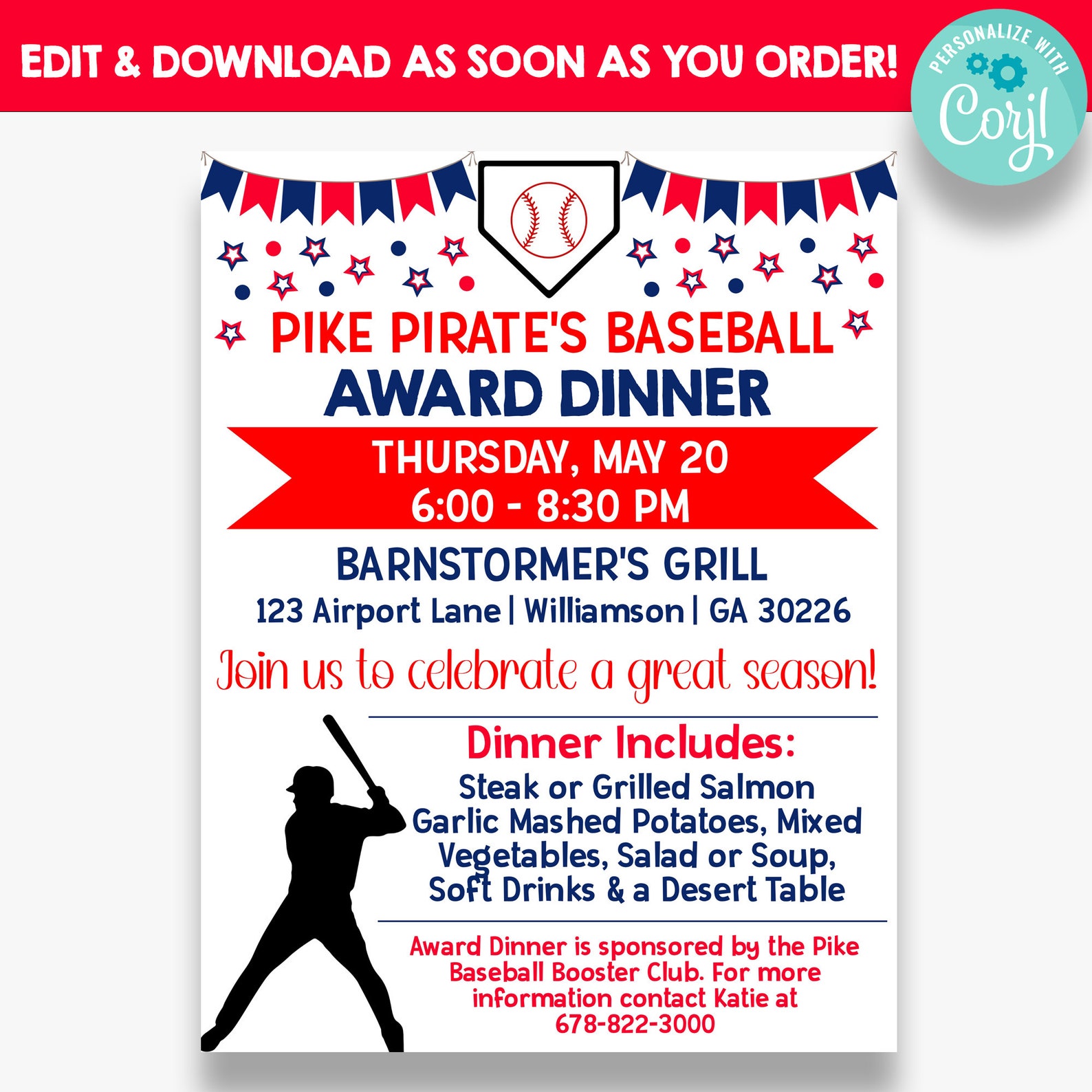 EDITABLE Baseball Awards Dinner Flyer Award Dinner - Etsy