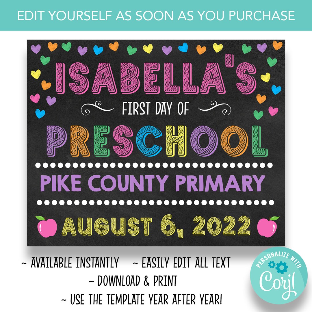 Editable Personalized First Day of Preschool Sign | Pastel Chalkboard ...