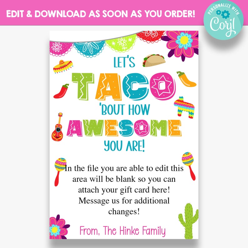 EDITABLE Taco Gift Card Holder | Taco 'bout How Awesome You Are ...