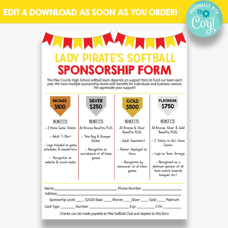 EDITABLE Softball Sponsorship Form | Softball Membership Form | School ...