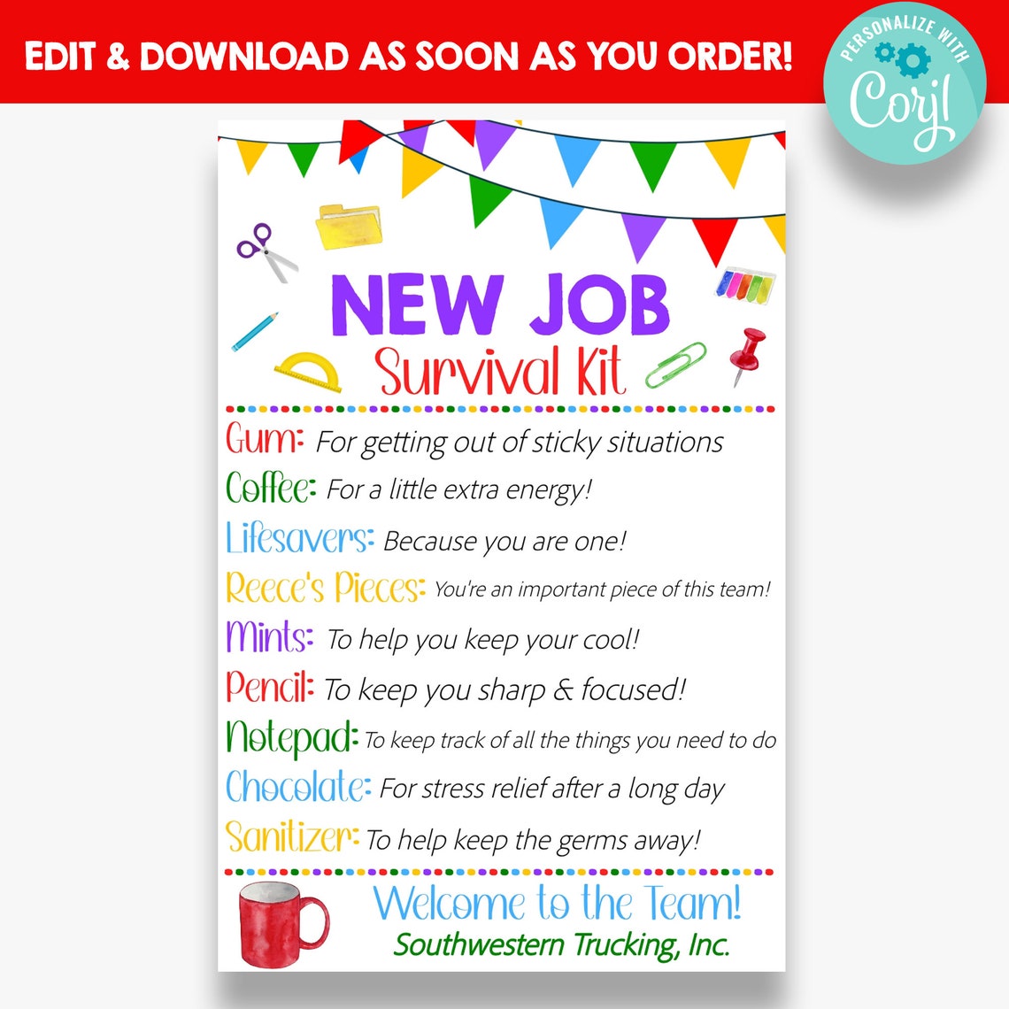 EDITABLE New Job Survival Kit Tag | New Job Gift Idea | Printable ...