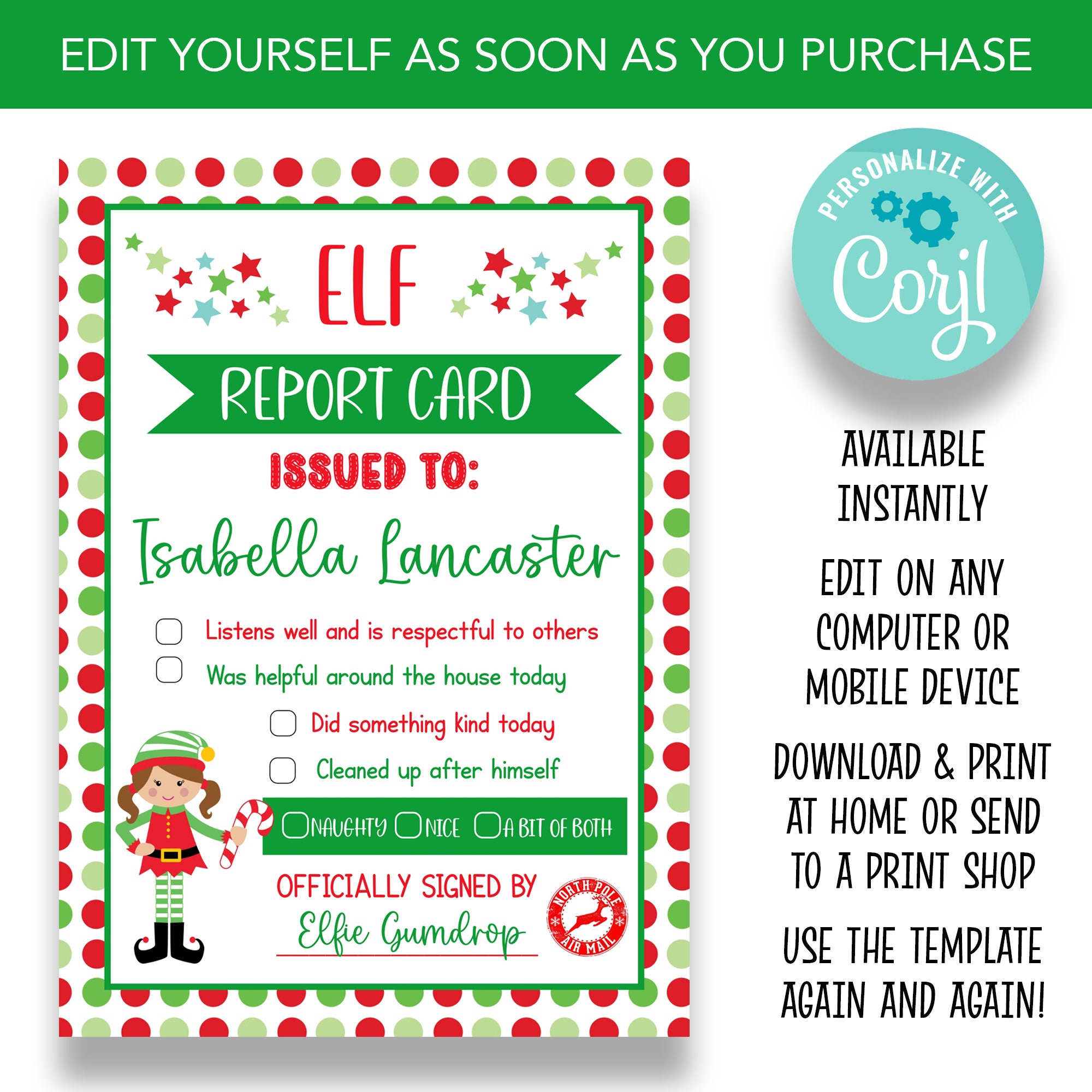 EDITABLE Girl Elf Report Card | Printable Elf Report Card | Kid's ...